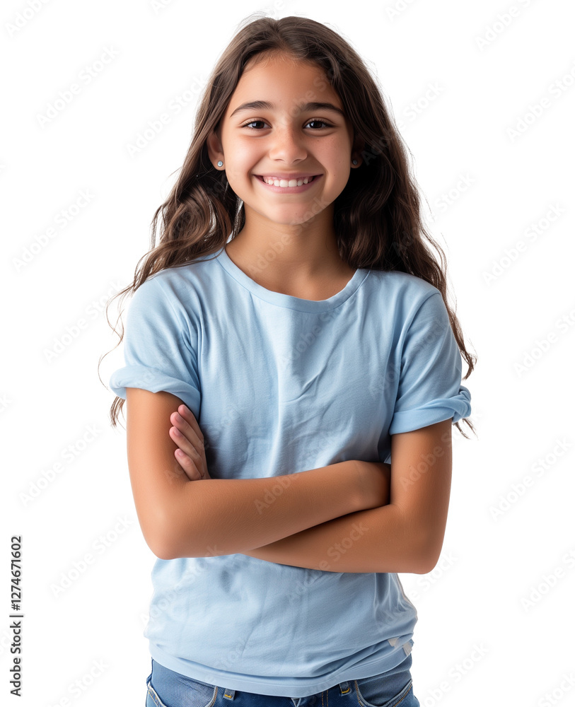 Little kid girl 12,13, 14 years old on transparent background. Children studio portrait ...