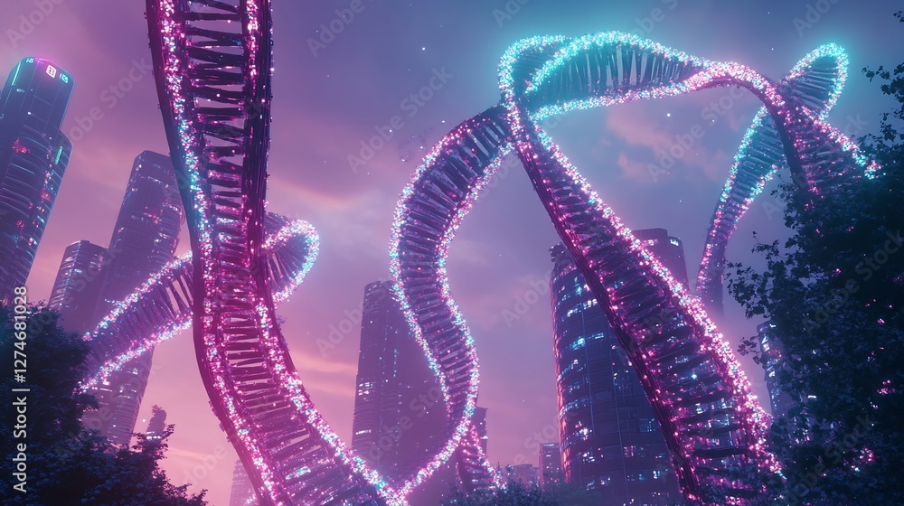 Futuristic cityscape DNA forming glowing pathways sky intricate ...