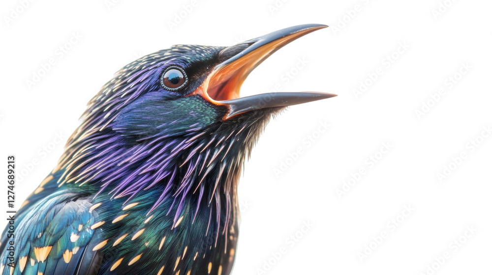Colorful European Starling perching, vocalizing with open beak ...