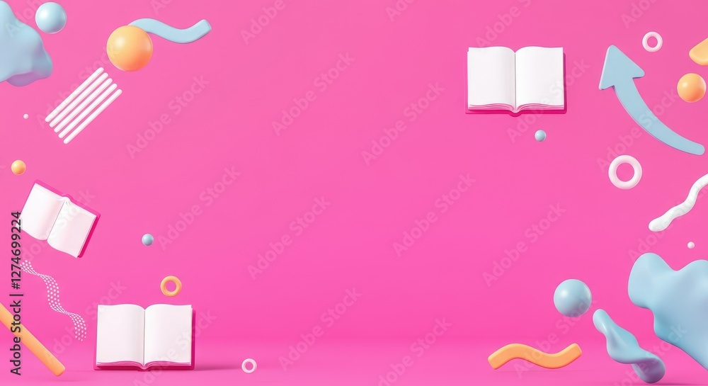 Abstract educational background with books and geometric shapes on pink ...