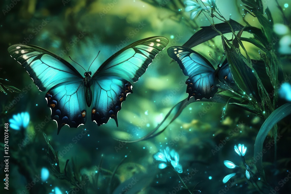 enchanted garden scene with morpho butterflies amid bioluminescent ...