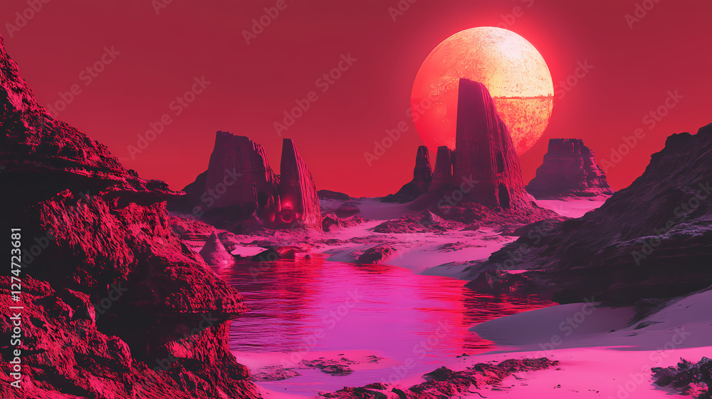 Psychedelic desert oasis - retro-futuristic neon vaporwave aesthetics ...