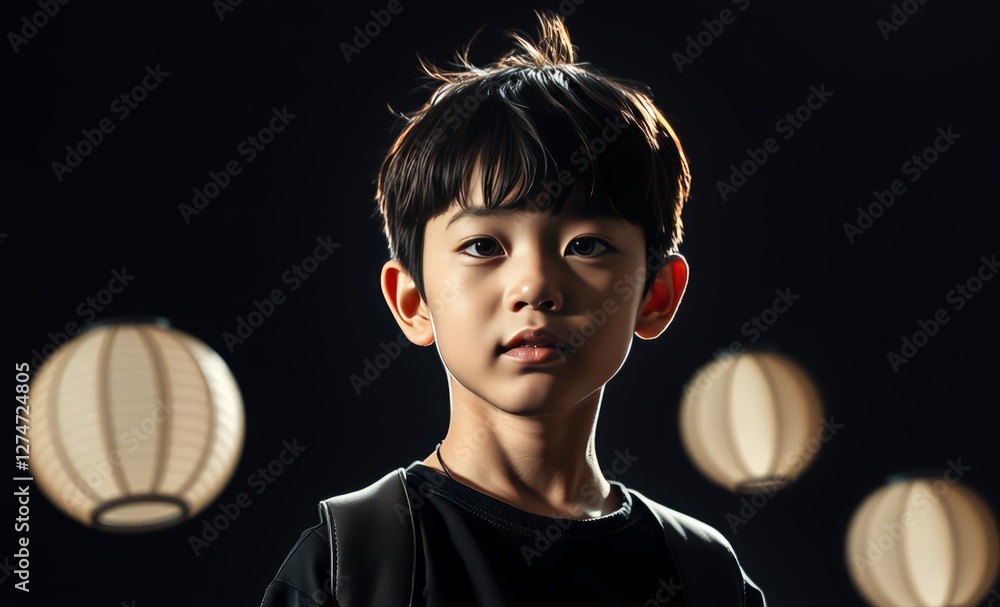 East asian kid boy summer vacation bright background wearing fashion ...