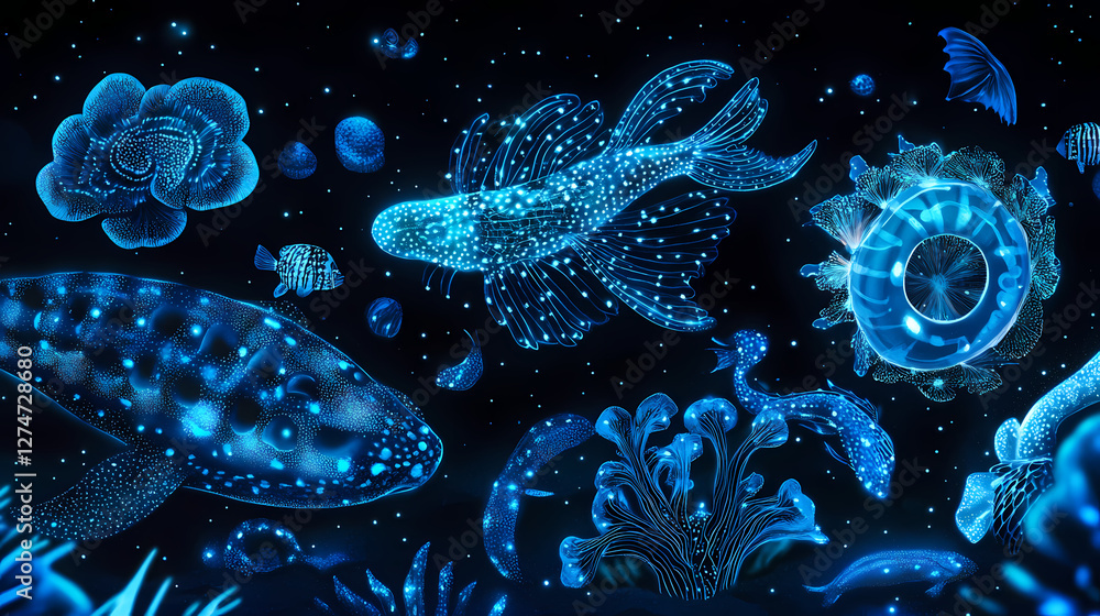 Glowing bioluminescent sea creatures in a deep ocean scene, marine ...