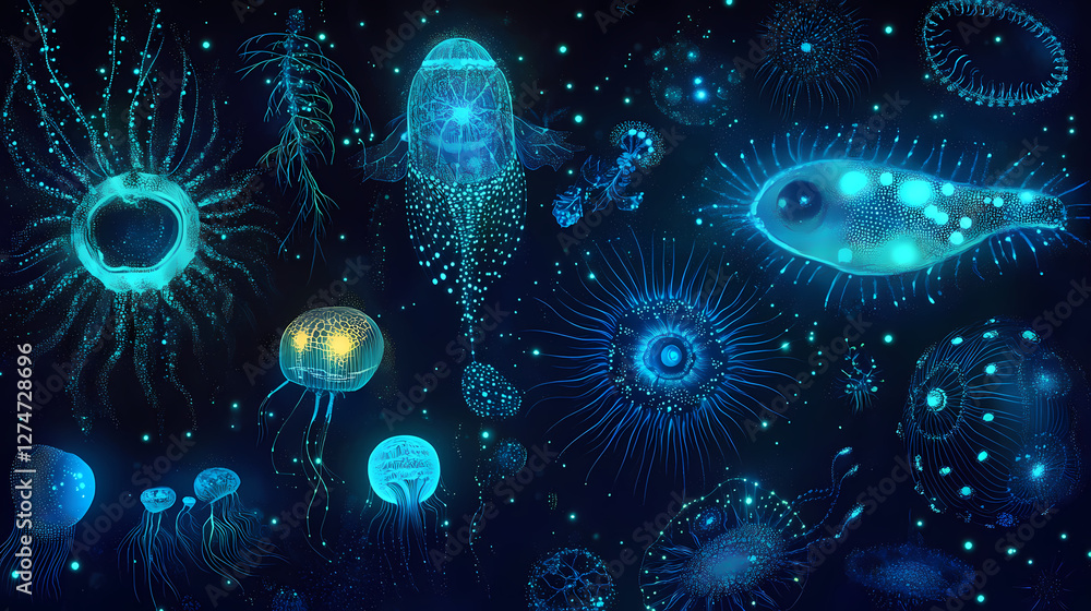 Glowing bioluminescent sea creatures in a deep ocean scene, marine ...
