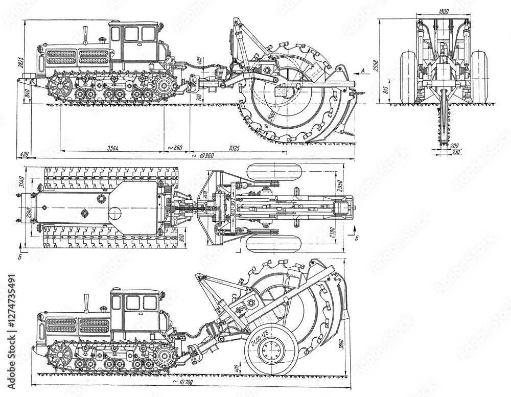 Tracked (crawler) earthmoving machine. Technical drawing of tractor ...