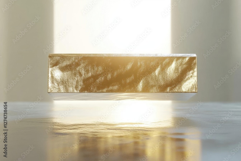 ethereal fluid gold rectangle floating in white void, luminous metallic ...