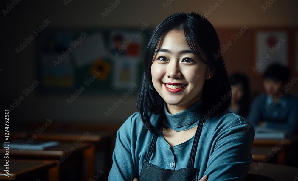 Smiling japanese or korean female elementary school teacher ...