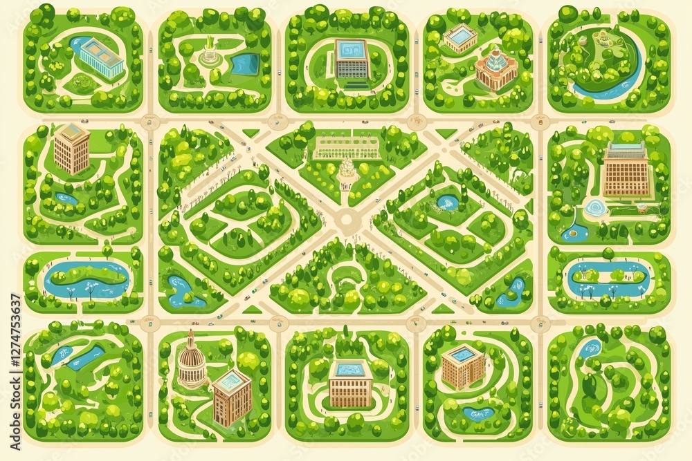 Illustrated city park with green infrastructure and smart urban ...