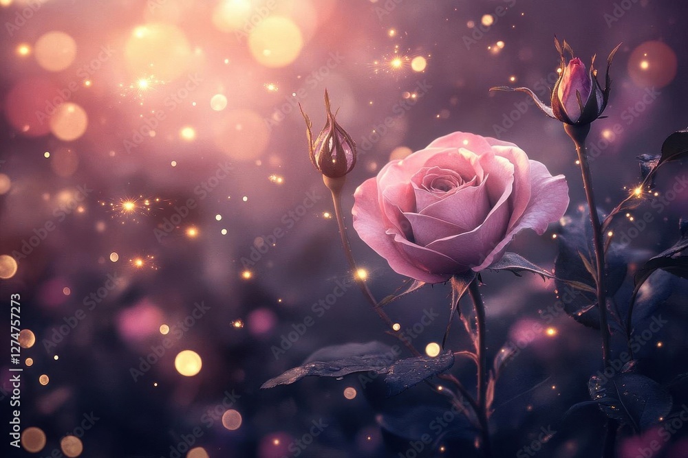 ethereal rose garden at twilight, digital art with floating petals and ...