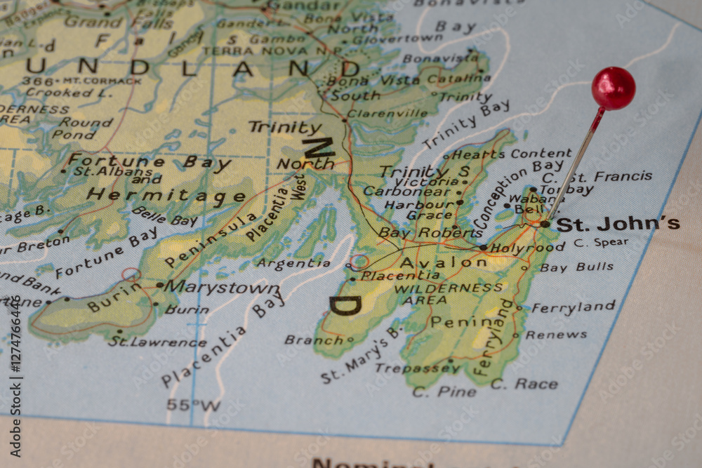 Tourist map of Newfoundland with a red pin stuck in next to St. John’s ...