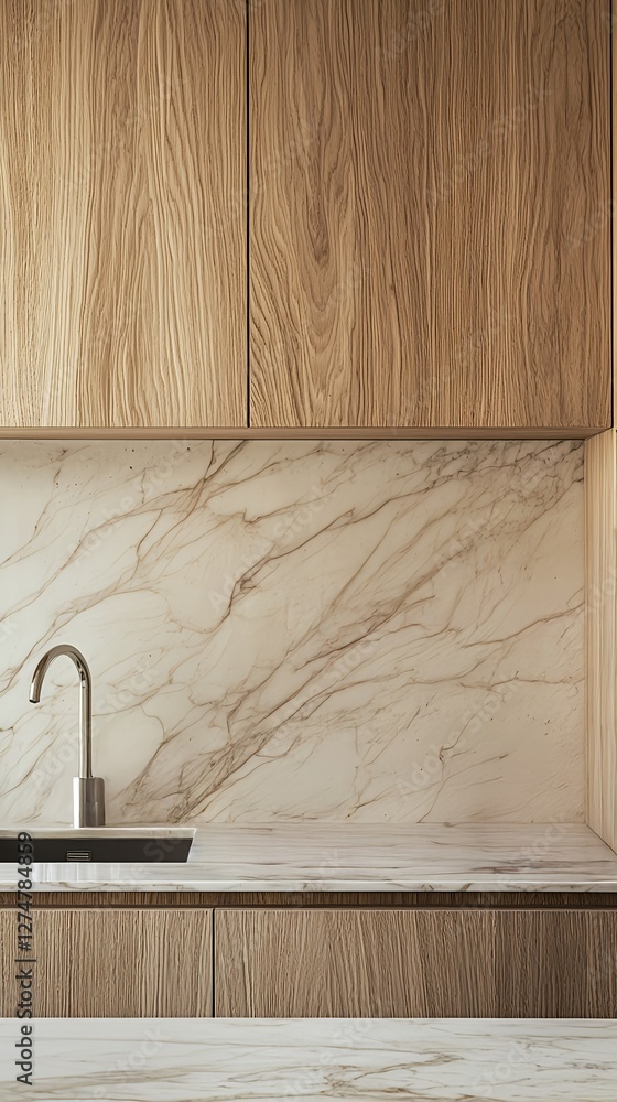 Marble countertops and cabinets with light wood-grain door panels ...