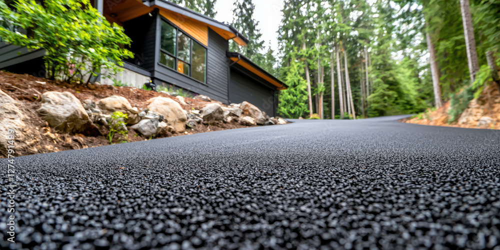 Fresh blacktop asphalt road surface at driveway entrance to house ...