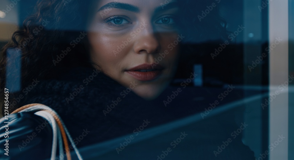 Reflective portrait of a young caucasian female behind glass window ...