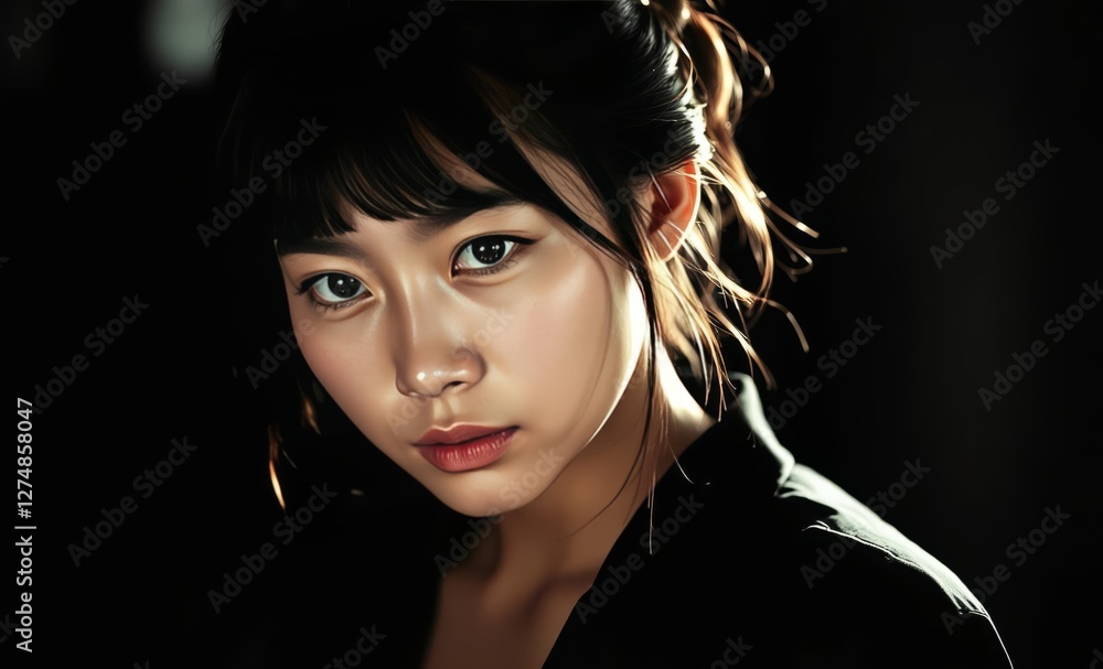 Young east asian woman with dark hair pulled back in loose bun bangs ...