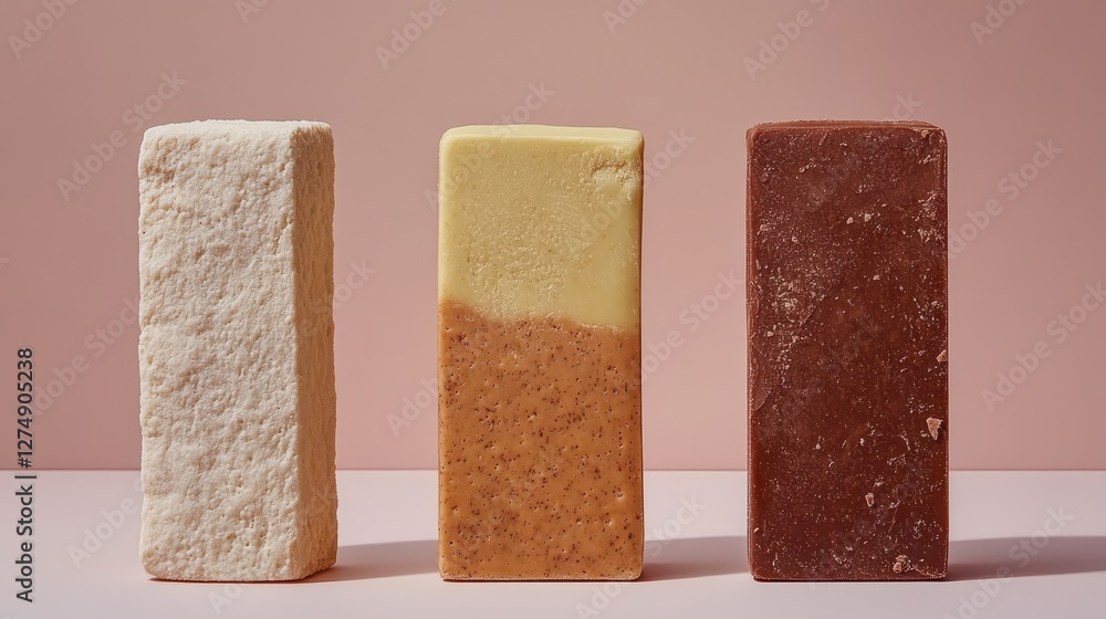Three Unique Blocks of Artisan Soap Displaying Textures and Colors on a ...