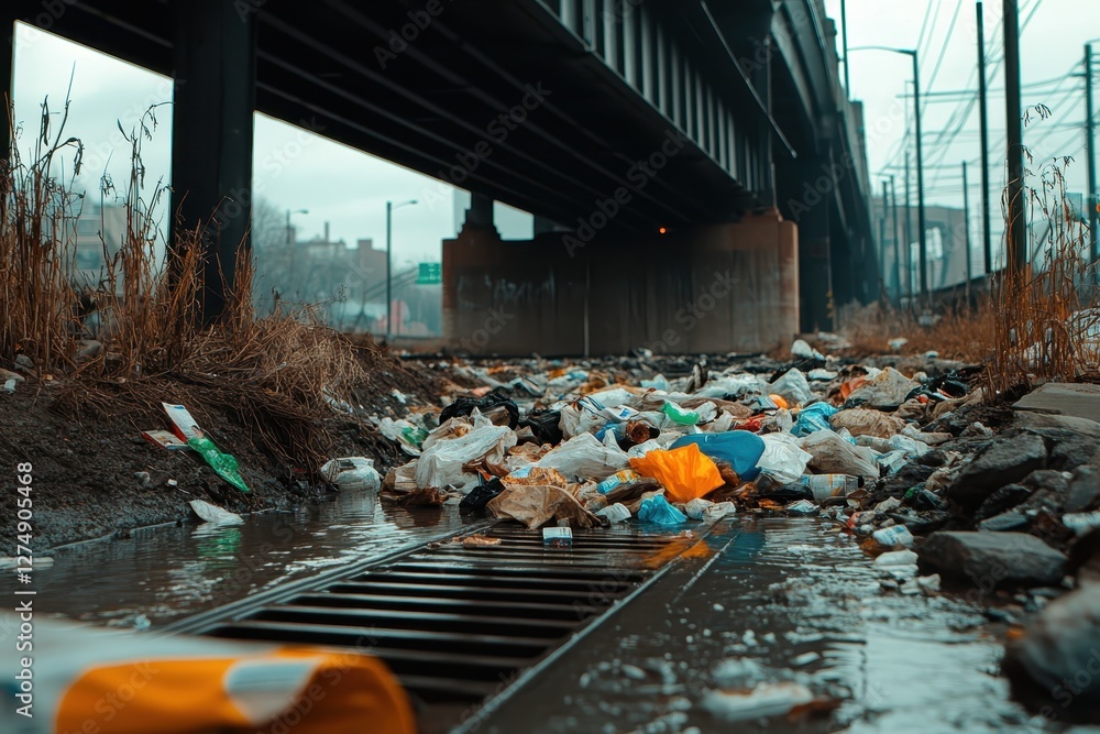 Urban Waste Pollution Under Highway Bridge with Trash and Debris in ...