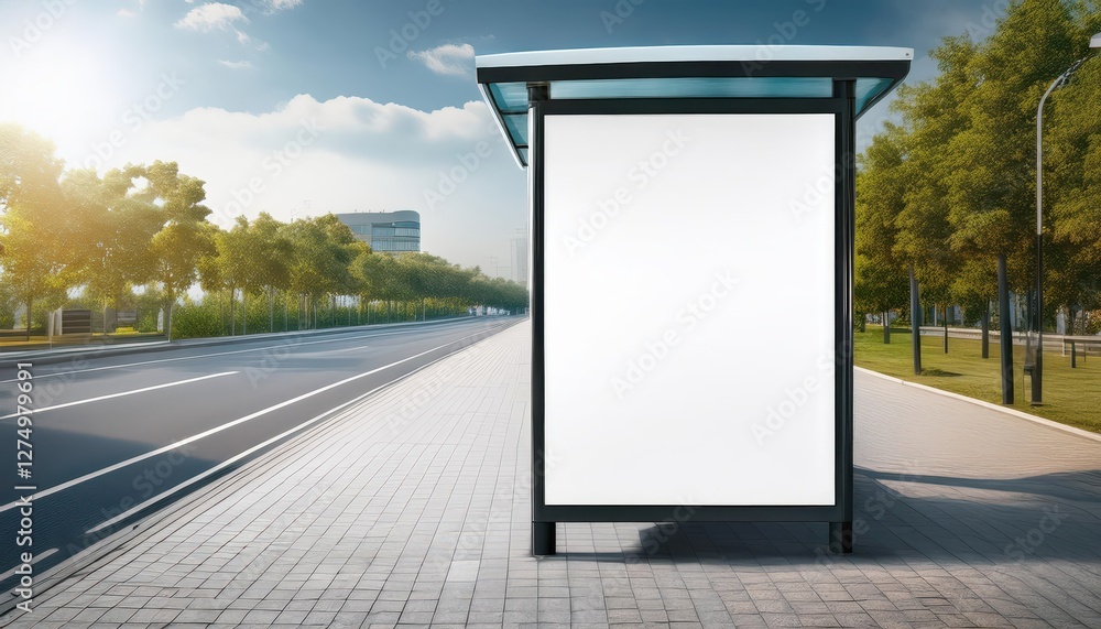 Empty White Bus Stop Vertical Billboard Mockup in Front of Empty Road ...