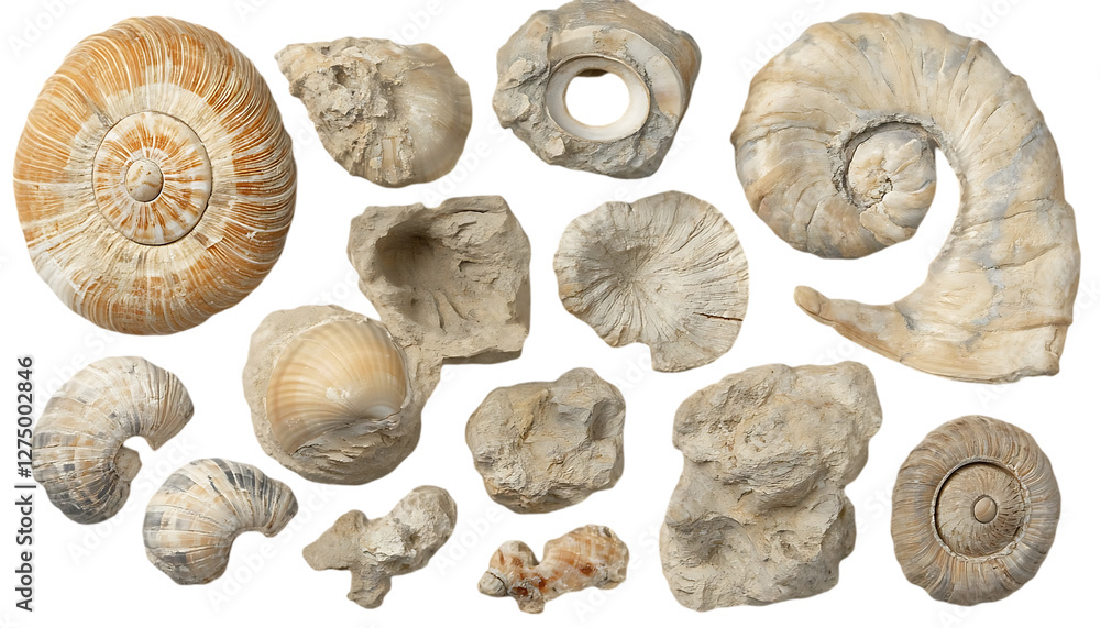 Assorted fossilized shells, museum display, paleontology exhibit ...