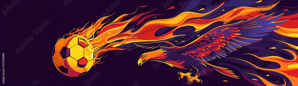 Flaming soccer ball and phoenix bird on dark background, digital sport ...