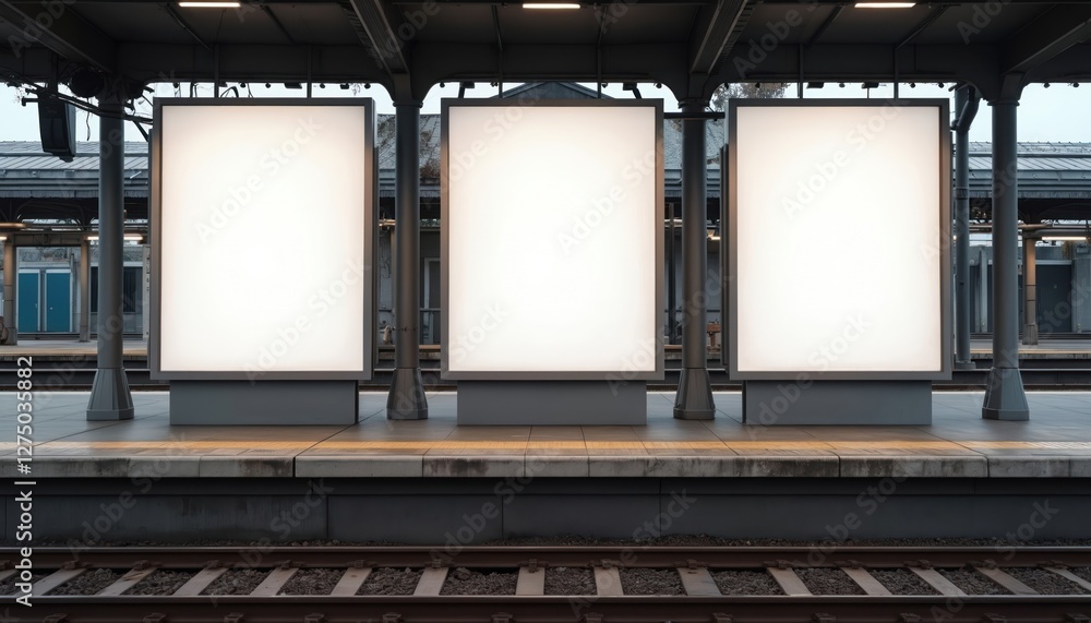 Three portrait empty billboards at train station platform. Advertising ...