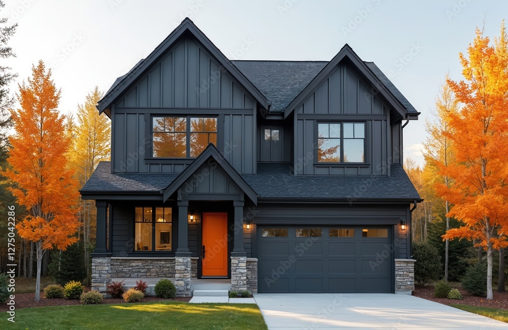 Innovative dark grey house exterior with natural stone cladding, bright ...