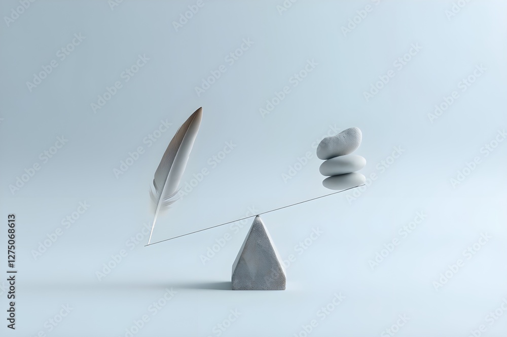 Feather and stone balancing scale. Solid background. Hard and easy ...