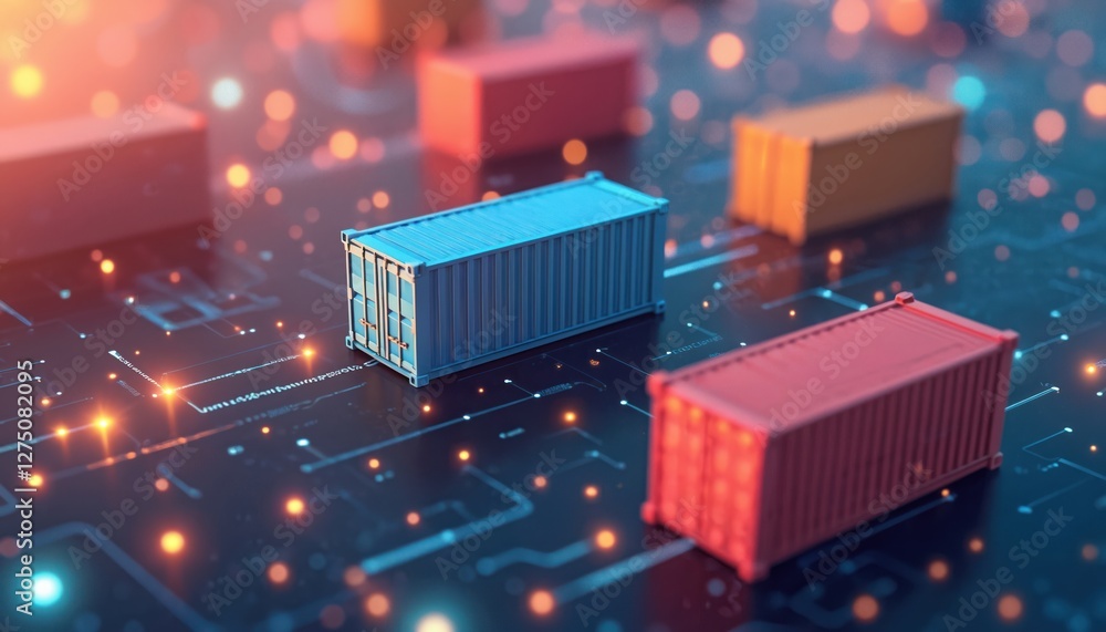 Colorful shipping containers on circuit board linked by digital network ...