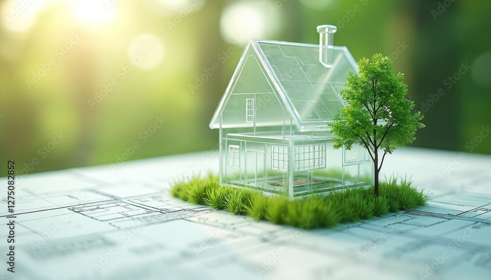 Model of transparent house on blueprints, lawn, with tree eco friendly ...