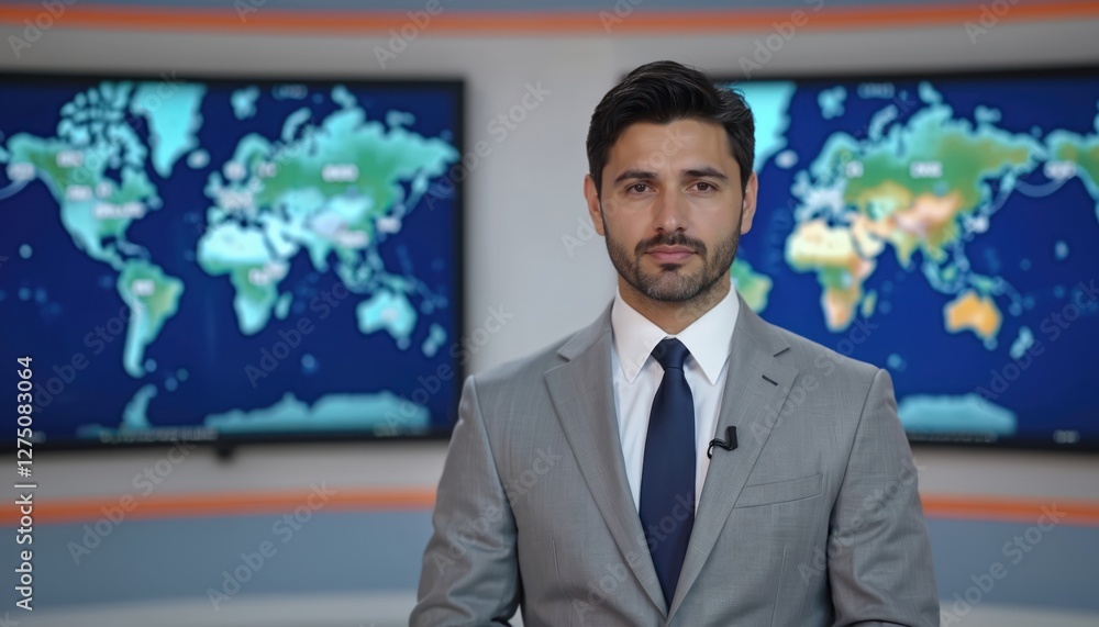 Portrait of news presenter wearing gray suit, standing in television ...
