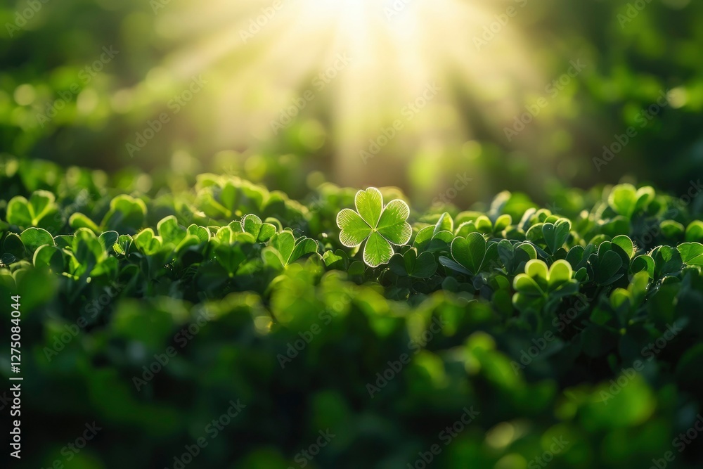 Lucky four leaf clover basking in sunshine on a meadow, symbol of good ...