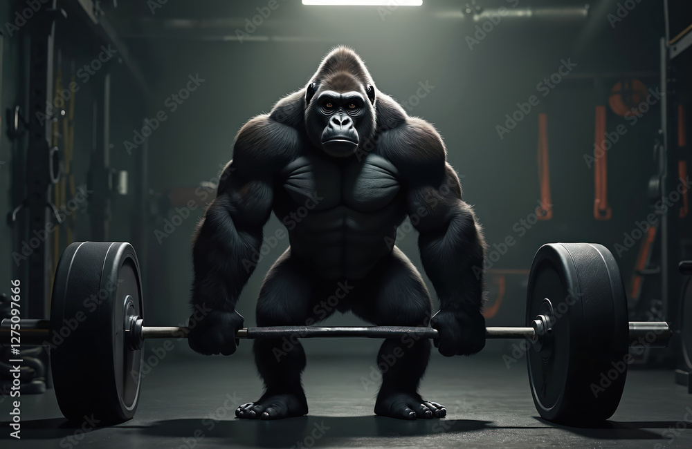 AI illustration of adult gorilla with weight plate in dark environment ...