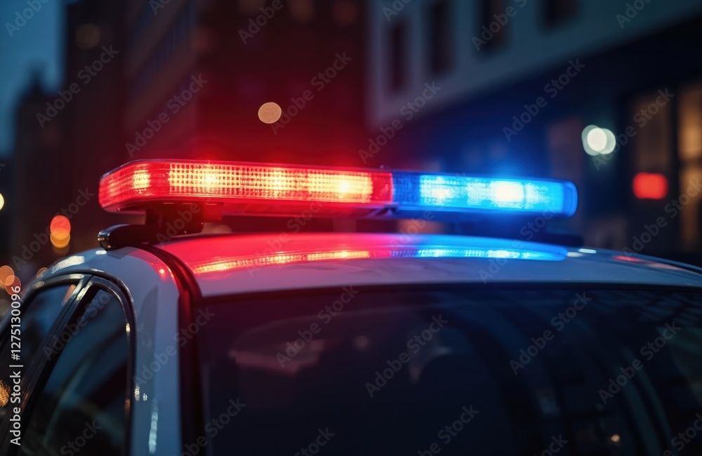 Flashing red and blue police car siren at night. Emergency lights on ...