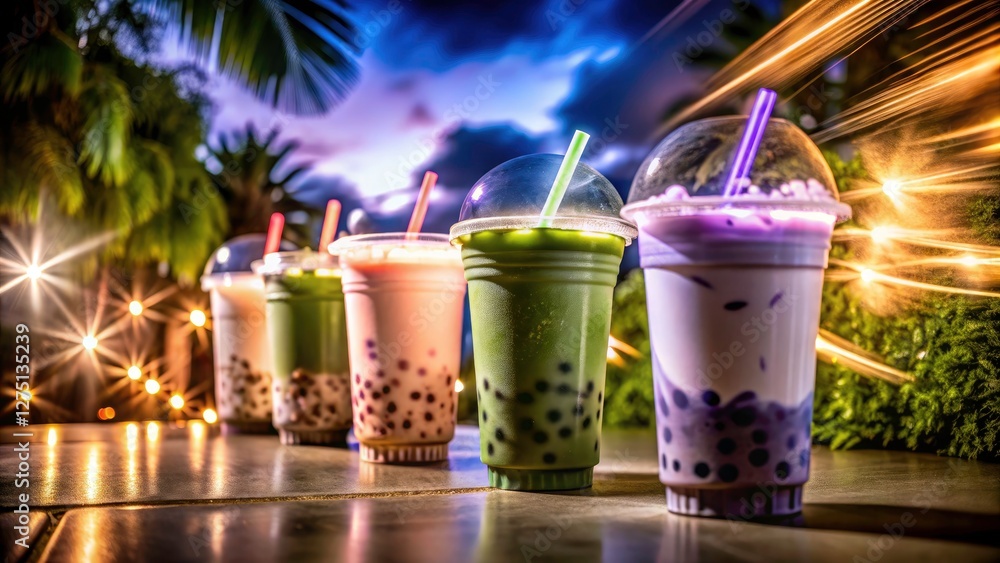 Frozen motion: Cold boba, matcha taro, and iced beverages elegantly ...
