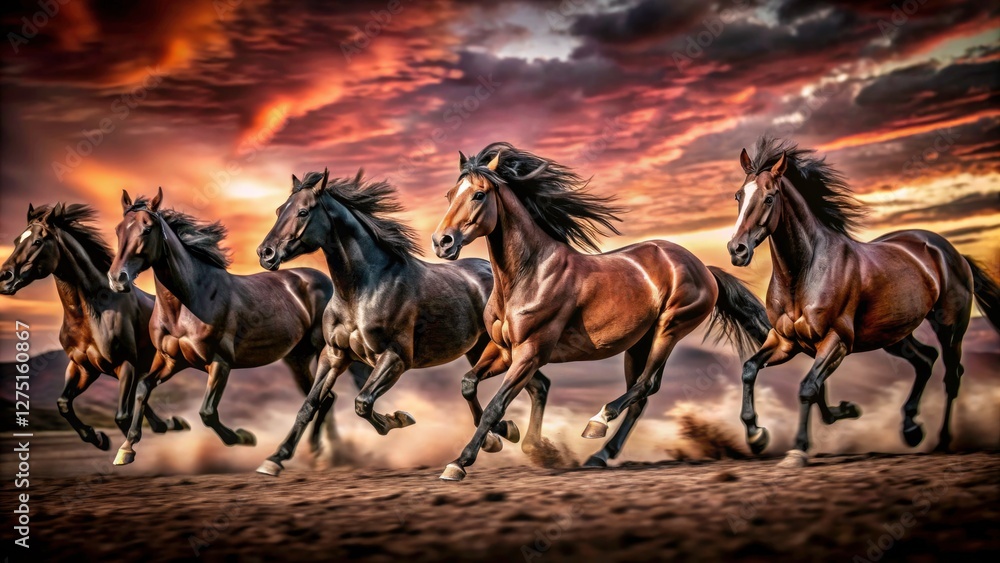 Seven majestic horses gallop into a vibrant sunset; a double exposure ...