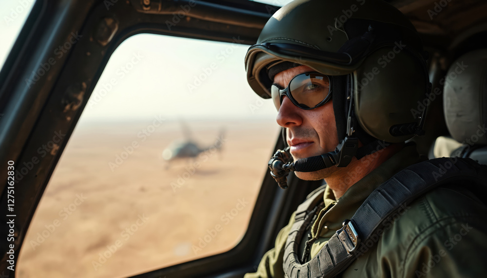 Black Hawk helicopter pilot in flight suit and helmet sitting in ...