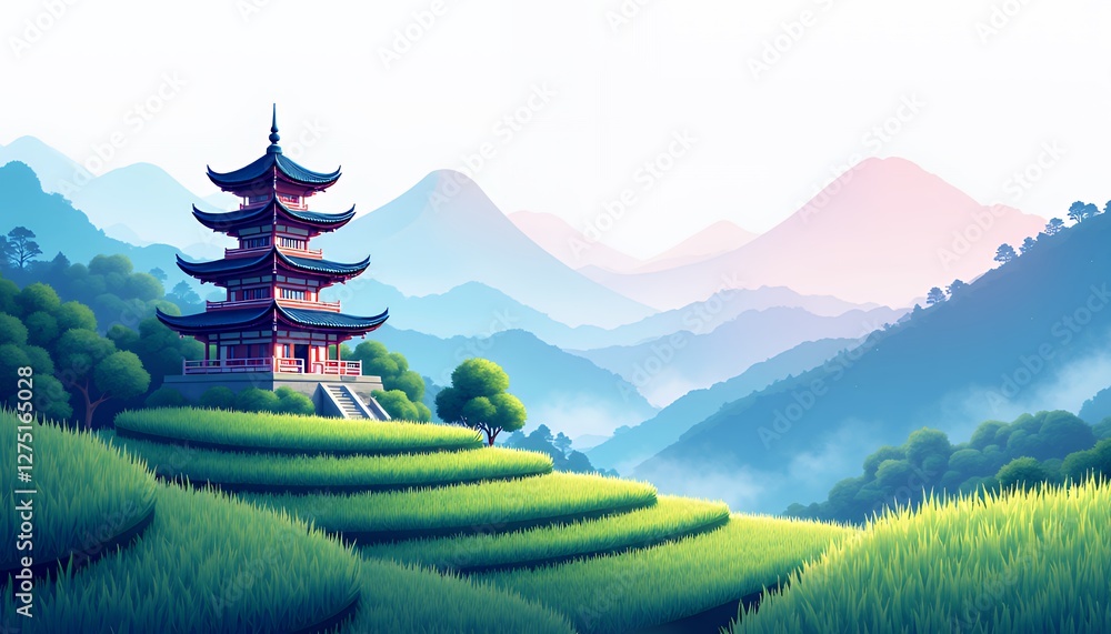 Pastel Green Rice Terraces and Pagoda at Sunrise, Pixel Art Landscape ...