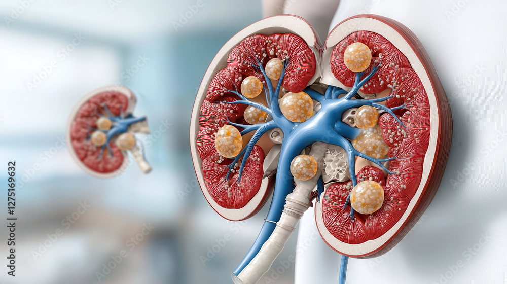 detailed cutaway medical illustration of urinary tract system shows ...