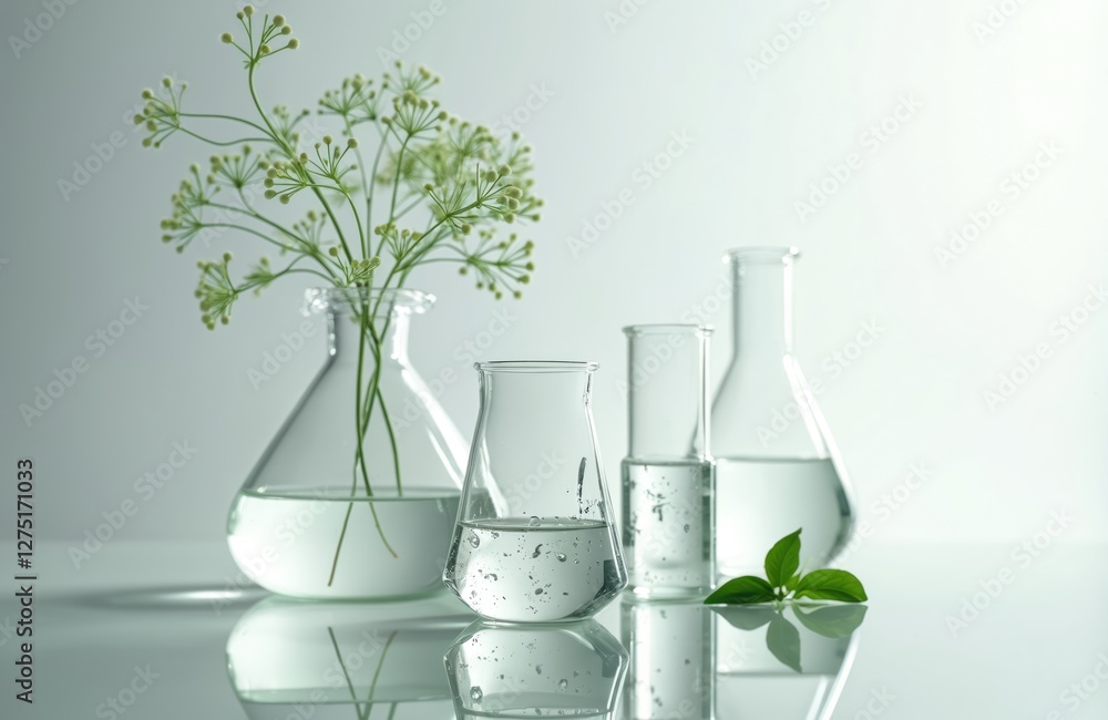 Laboratory glassware with clear liquid, green plants. Organic botany ...