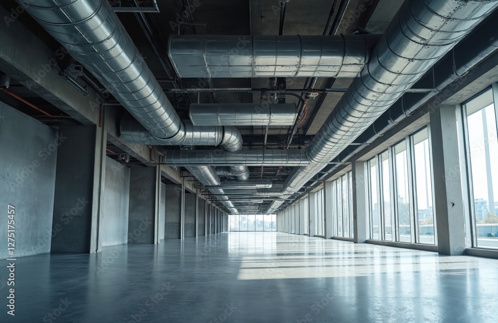 Metal air conditioning vent ducts and pipes hang from ceiling in modern ...