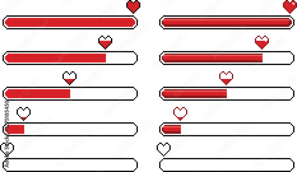 Game Pixel heart with loading bars, 8 bit video arcade health life ...