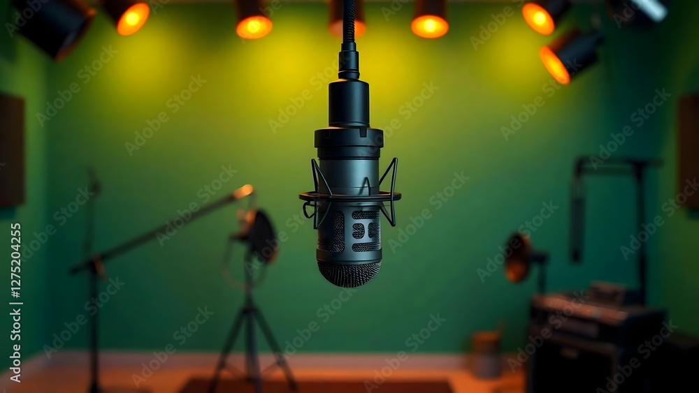 background wide shot on a studio set with a microphone hanging from top ...