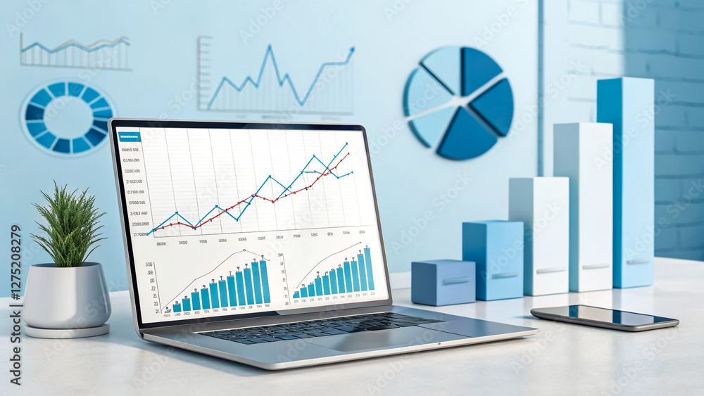 Modern Office Setup with Laptop Displaying Data Analysis Charts and Graphs for Business Insights ...