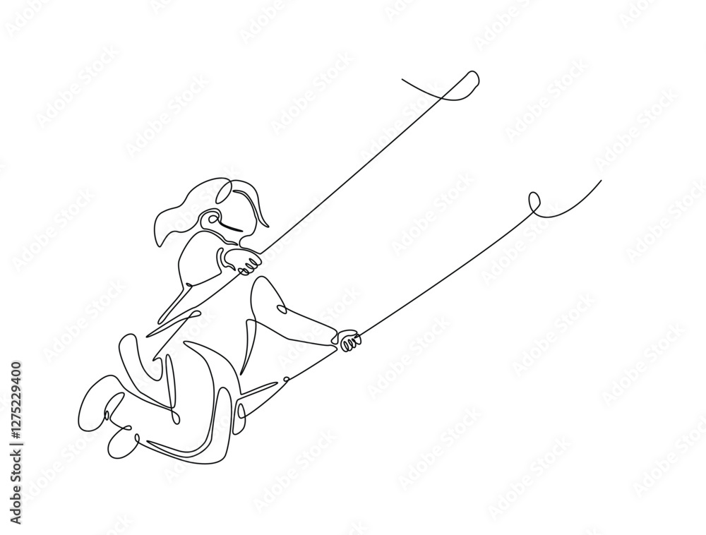 Continuous line art drawing of happy kid playing swing in the park ...