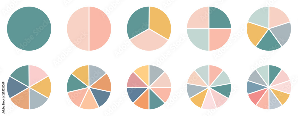 Pie chart color icons. Segment slice sign. Circle section graph. 1,2,3,4,5,6,7,8,9,10, segment ...