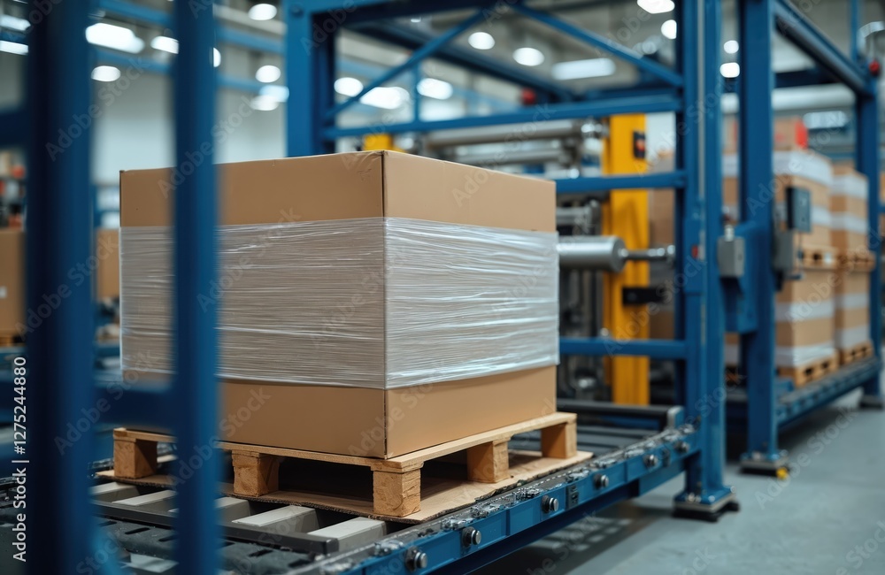 Cardboard box wrapped in plastic film on pallet. Automated stretch ...