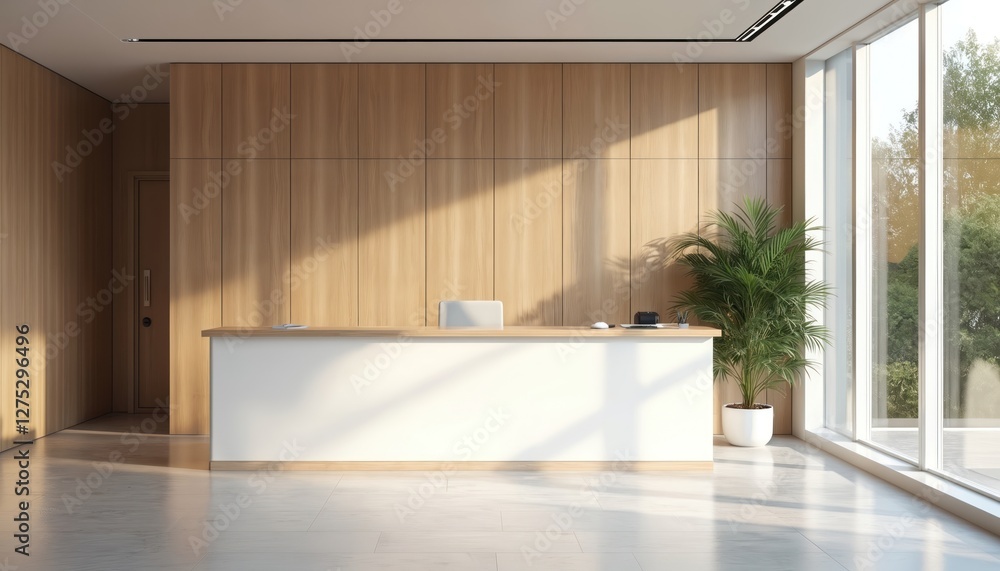Front view white reception desk in office with wood paneled wall ...