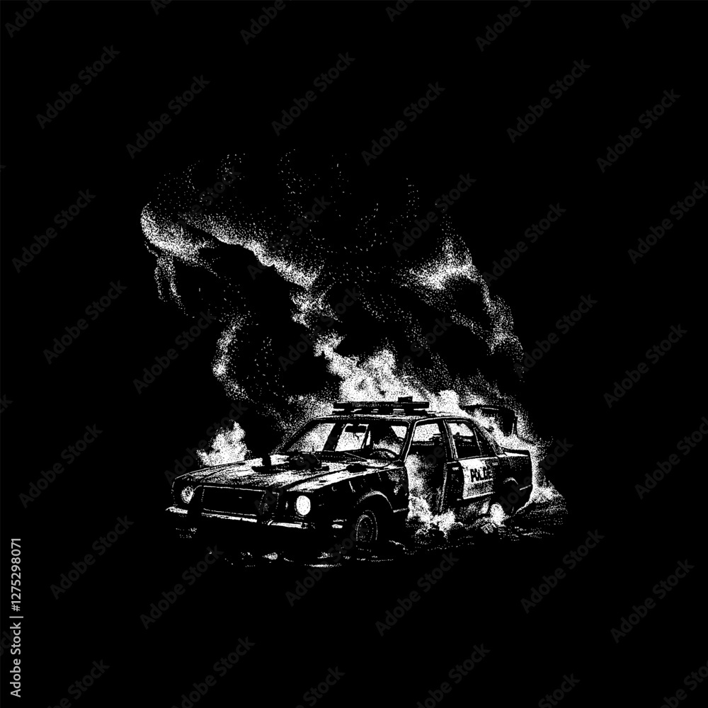 Burning Police Car hand drawing vector isolated on black background ...