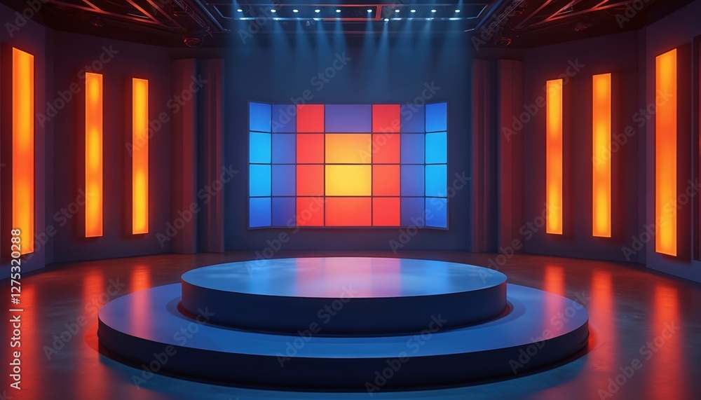 Modern TV studio stage with round blue podium. Orange vertical lights ...