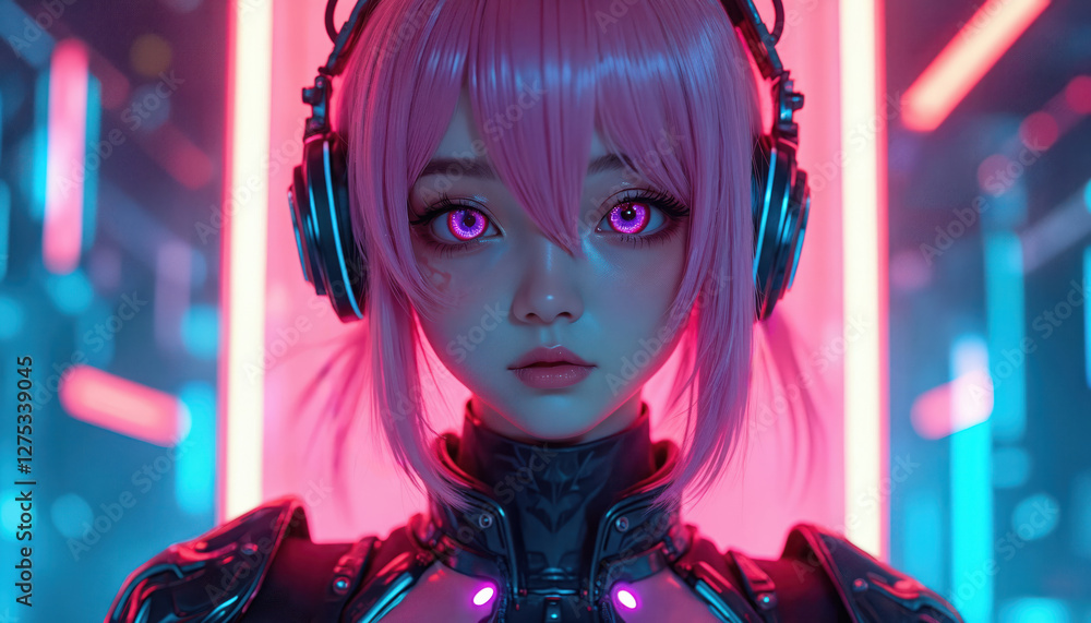 Anime style girl face with pink hair wearing headphones in cyberpunk ...